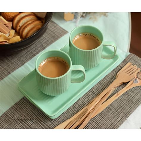 Buy Divyakalaa Handcraftes Striped Ceramic Coffee Mug With A Tray Set Of Coffee Mug And A