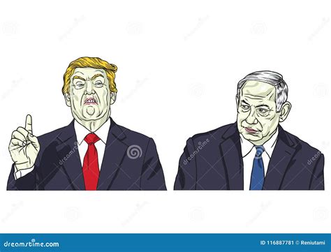 Donald Trump And Benjamin Netanyahu Vector Portrait Cartoon Caricature