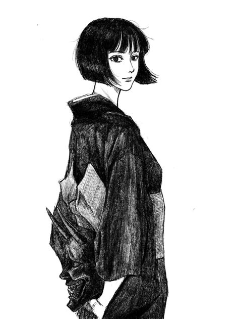 Safebooru 1girl Black Hair Bob Cut Greyscale Highres Holding Holding