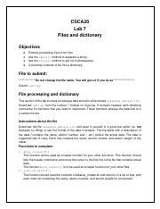 Lab 7 Pdf CSCA20 Lab 7 Files And Dictionary Objectives Practise