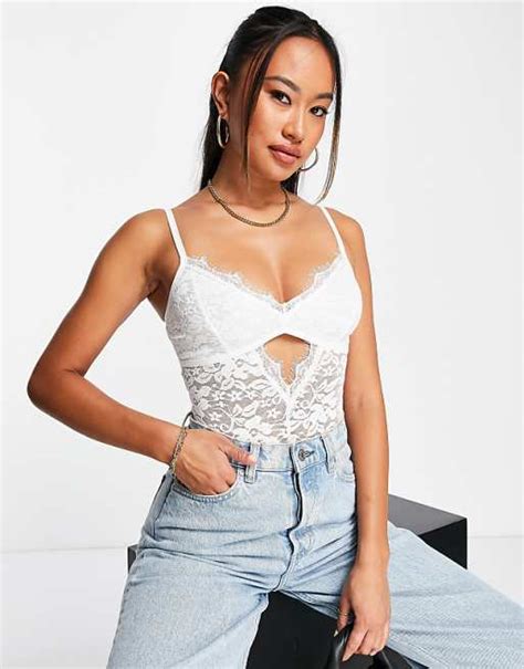 Asos Design Lace Bodysuit In White Asos