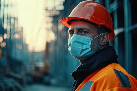 Worker Wearing Medical Mask On A Construction Site Premium Ai