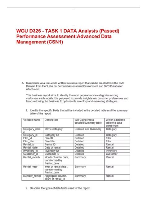 Wgu D326 Task 1 Data Analysis Passed Performance Assessment Advanced Data Management Csn1
