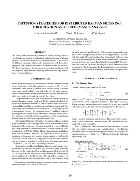 Pdf Diffusion Strategies For Distributed Kalman Filtering Formulation And Performance Analysis