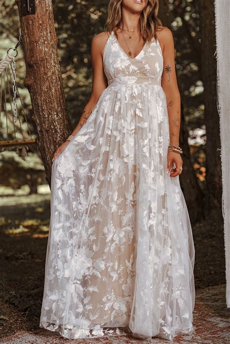 White Nude Boho Floral Flocked Lace Mesh Maxi Dress Beautiful Dress For Photo Shoot