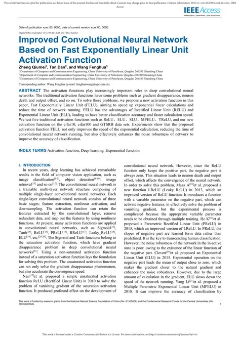 Pdf Improved Convolutional Neural Network Based On Fast Exponentially Linear Unit Activation