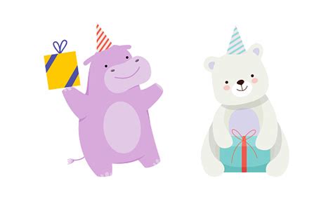 귀여운 하마와 북극곰 생일 모자를 쓰고 휴일 벡터 세트를 축하하는 선물 상자를 들고 곰에 대한 스톡 벡터 아트 및 기타 이미지 곰 귀여운 놀라움 Istock