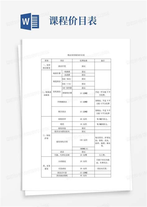 物业有偿服务价目表word模板下载编号qrxvjdpd熊猫办公