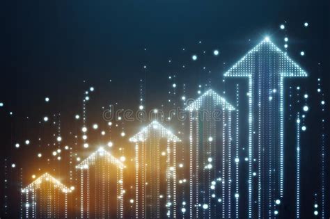 Futuristic Digital Representation With Glowing Dots Forming Upward Lines And Central Arrow