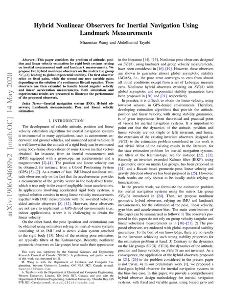 Pdf Hybrid Nonlinear Observers For Inertial Navigation Using Landmark Measurements