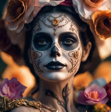 Catrina Shimmering Skin Flowers In The Background Beautiful Catrina Shimmering Skin Flowers