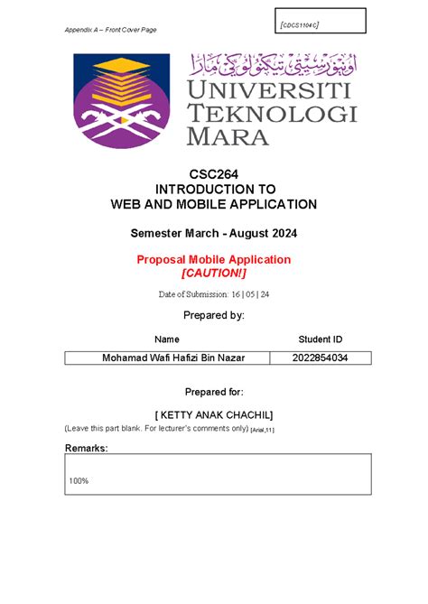 Csc264 Individual Assessment Appendix A Front Cover Page Csc