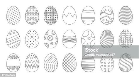 부활절 달걀 라인 아이콘입니다 달걀 사냥 장식을 위한 검은색 윤곽선 스케치 낙서 스타일 휴일 인사말 카드를 위한 간단한 최소 장식 벡터 세트 0명에 대한 스톡 벡터 아트 및