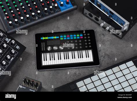 Piano Synthesizer App On Tablet And Musical Instrument Concept Stock Photo Alamy