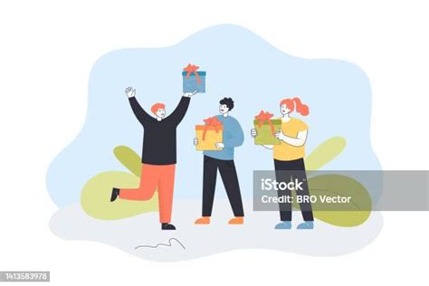 친구로부터 선물을받는 행복한 남자 플랫 벡터 일러스트 레이 션 기념일에 대한 스톡 벡터 아트 및 기타 이미지 기념일 놀라움