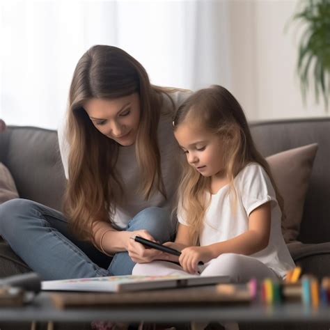 Une Mère Et Sa Fille Sont Assises Sur Un Canapé En Lisant Un Livre