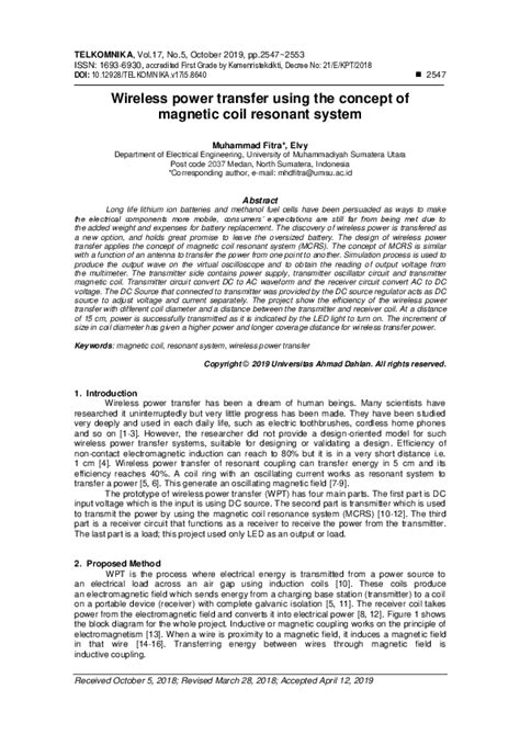 Pdf Wireless Power Transfer Using The Concept Of Magnetic Coil Resonant System