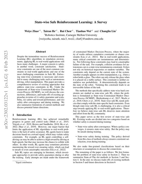 Pdf State Wise Safe Reinforcement Learning A Survey