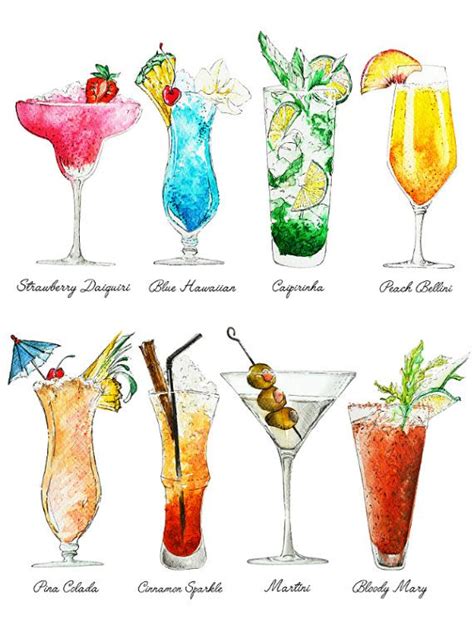 Cocktails Art Print Summer Drinks With Names Colorful Etsy Uk Nhật
