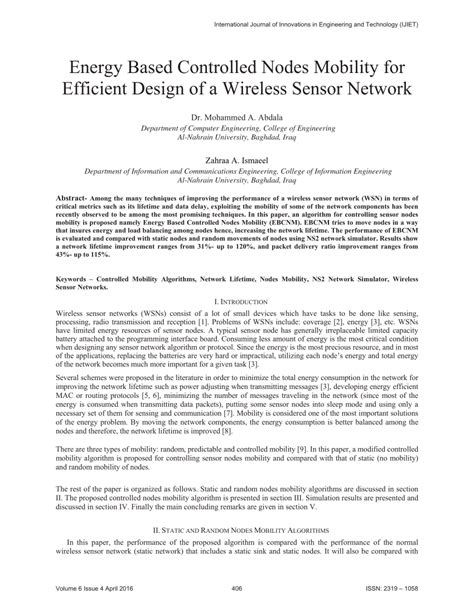 Pdf Energy Based Controlled Nodes Mobility For Efficient Design Of A