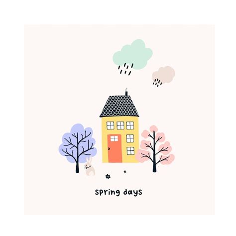 귀여운 손으로 그린 작은 집에는 봄 나무 비오는 구름이 있습니다 엽서 포스터 인사말 카드 어린이 티셔츠 디자인을 위한 아늑한 휘게 스칸디나비아 스타일 템플릿입니다