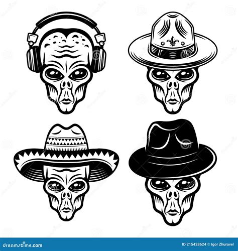 Alien Heads In Different Headdress Set Of Vector Monochrome Objects Or