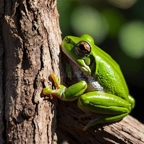Close Up Of Australian Green Tree Frog On Tree Bark Bathed In Dappled