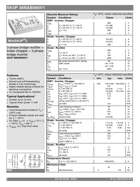 Semikron Datasheet Skiip 38nab066v1 25230650 Pdf Electrostatic