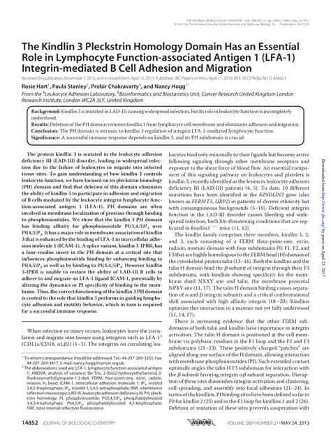 Pdf The Kindlin 3 Ph Domain Has An Essential Role In Integrin Lfa 1
