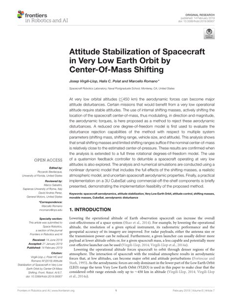 PDF Attitude Stabilization Of Spacecraft In Very Low Earth Orbit By Center Of Mass Shifting