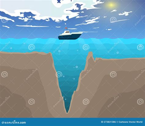 Vector Cartoon Style Mariana Trench Sea Illustration With Sky Clouds