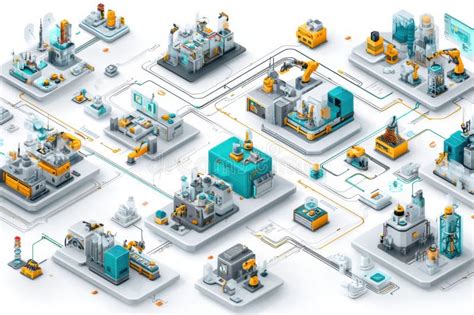 Futuristic Isometric Factory Layout Featuring Advanced Robotic Automation Interconnected Systems