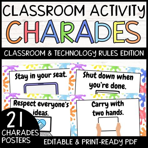 technology rules charades posters editable colorful back to school activity classful