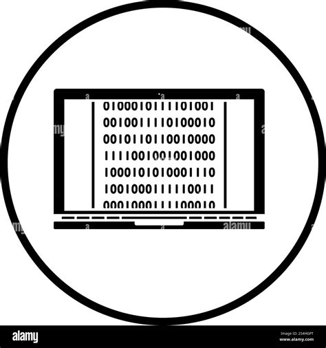 laptop with binary code icon thin circle stencil design vector