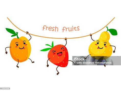 재미와 귀여운 과일 河 살구 딸기와 배는 밧줄에 걸려 흰색 바탕에 벡터 일러스트 레이 션 신선한 귀 엽 다 과일 건강한 생활방식에 대한 스톡 벡터 아트 및 기타 이미지