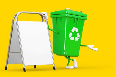 흰색 빈 광고 홍보 스탠드와 재활용 기호 녹색 쓰레기 쓰레기 쓰레기통 캐릭터 마스코트 3d 렌더링 0명에 대한 스톡 사진 및