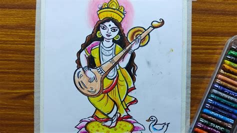 How To Draw Maa Saraswati With Oil Pastel Color Saraswati Thakur