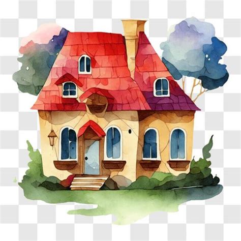 Descarga Pintura Al Agua De Una Casa Antigua Con Techo Rojo PNGs En