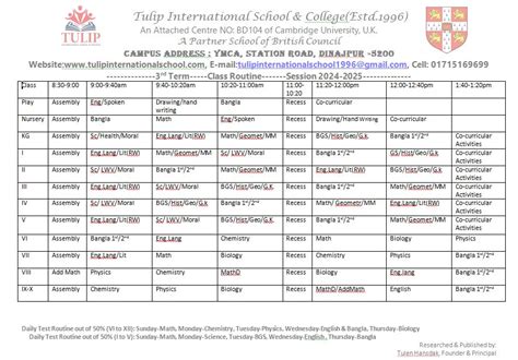 Class Routine 2024 2025 Tulip International School And College
