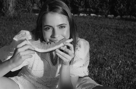 Portrait Happy Young Woman Is Holding Slice Of Watermelon Beautiful
