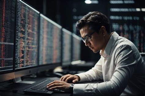 Premium Ai Image Portrait Of A Woman Working On Computer Typing Lines Of Code That Appear On