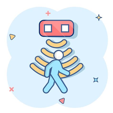 Motion Sensor Icon In Comic Style Sensor Waves With Man Vector Cartoon