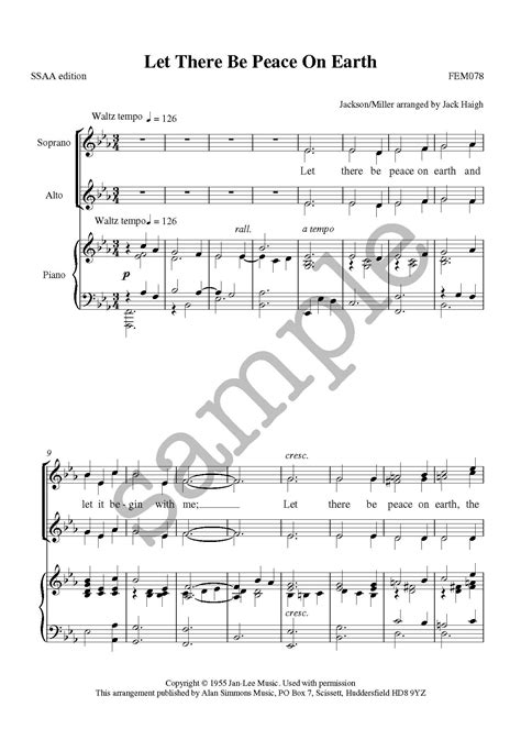 Let There Be Peace On Earth Ssaa Alan Simmons Music Choral