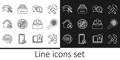 세트 라인 교차 망치와 렌치 돋보기 아래의 미생물 질문 느낌표 바이러스 중지 박테리아 하우스 서비스 자동차 받은 편지함 다운로드 및 문서 아이콘이 있는 서랍 벡터 Brand