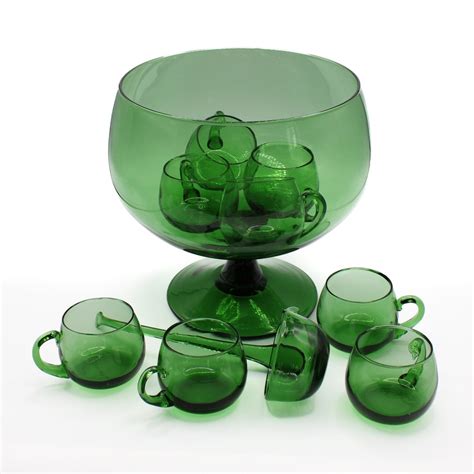 Vintage Emerald Green Glass Pedestal Punch Bowl Set Etsy