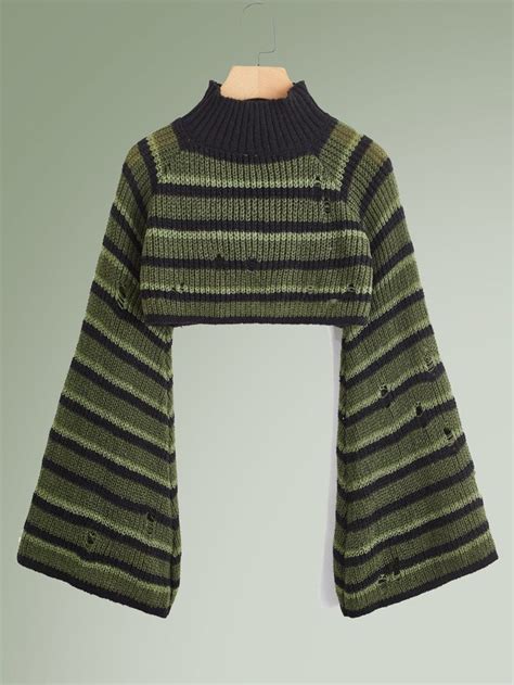 Verde Militar Casual Collar Manga Larga Tela A Rayas Pullovers