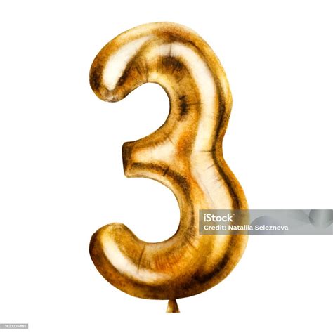 수채화 황금 호일 풍선 숫자 3 손으로 그린 생일 파티 번호 장식은 흰색 배경에 고립되어 있습니다 디자이너 인쇄물 베이비 샤워 엽서 포장지 휴일 어린이 표지를위한 반짝이는