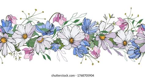 Cute Floral Horizontal Endless Border Wildflowersisolated Stock Vector Royalty Free