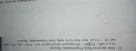 State And Prove Basic Proportionality Theorem In A Abc Pqbc Pq In