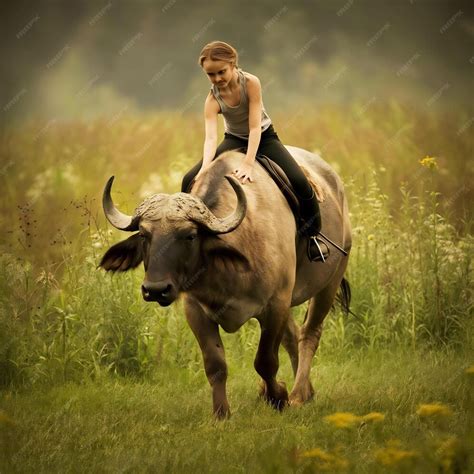 Novice Riding A Buffalo In The Meadow Selective Focus Premium Ai